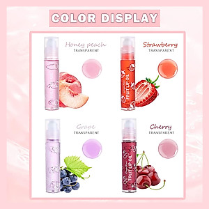 4Pcs Roll On Lip Oil Hydrating Lip Gloss Set, Lip Shine Fruit Lip Gloss, Transparent Plumping Lip Gloss Natural Shiny, Crystal Jelly Liquid Lipstick Long Lasting Lip Care Products for Women and Girl