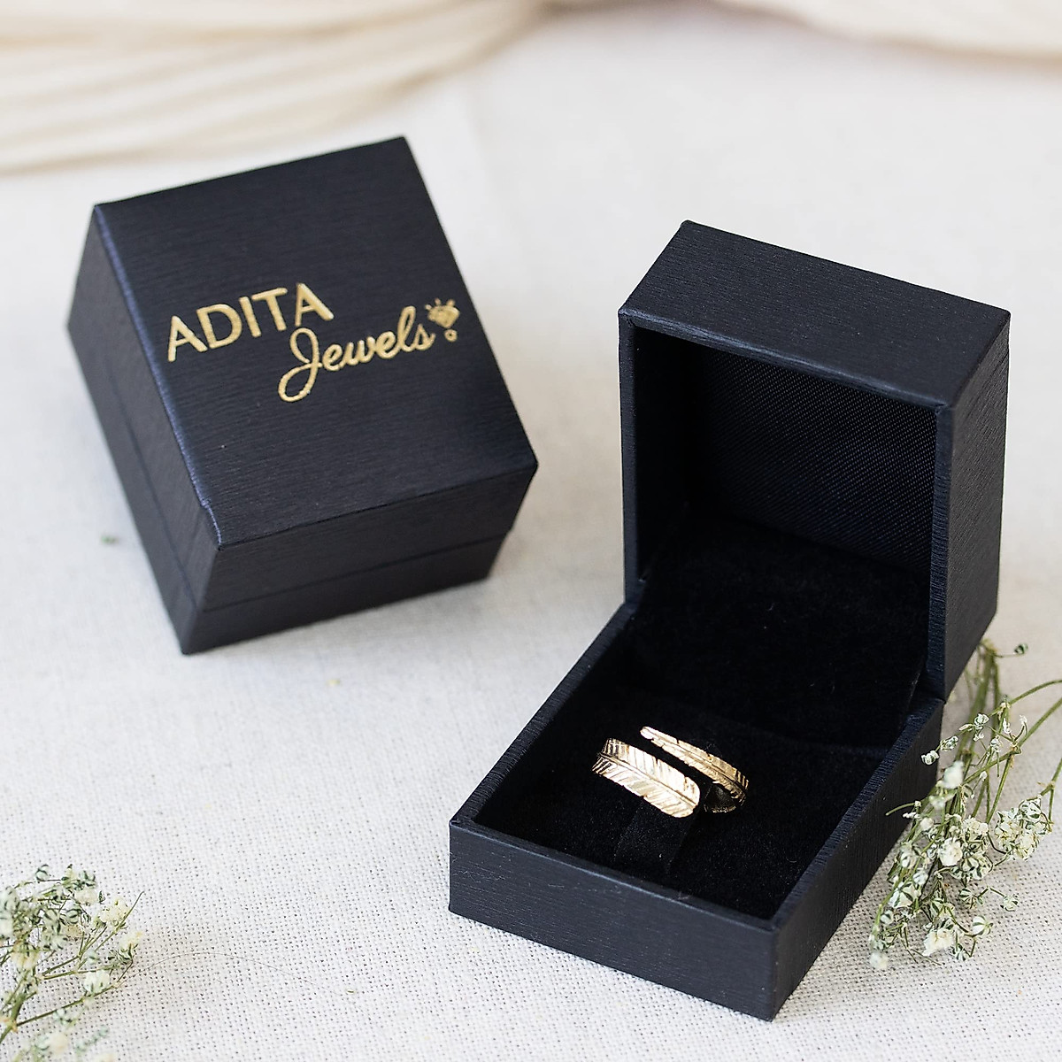 Adjustable Feather Ring - 14K Gold Plated over 925 Sterling Silver Customizable Open Ended Spiral Ring, Dainty Flexible Feather Ring, Wrap and Fit to Every Finger, Handmade Jewelry Rings for Women