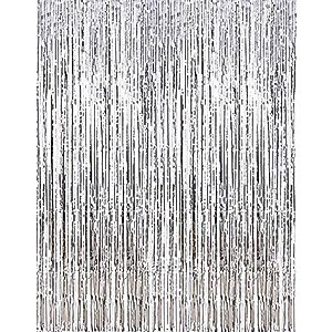 2 Pcs 3.2ft x 8.2ft Shiny Silver Metallic Tinsel Foil Fringe Curtains Photo Booth Backdrop for Birthday Wedding Holiday Celebration Bachelorette Party Decorons (Silver)