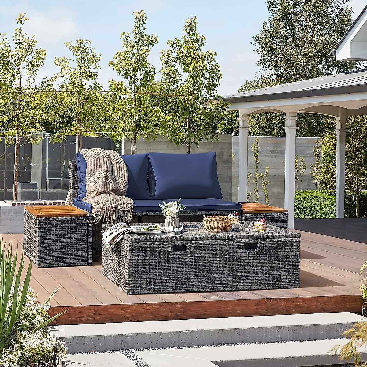 Devoko Patio Day Bed Outdoor Daybed Set Multifunctional Rattan Lounge Bed with 2 Side Tables for Backyard Porch Poolside Lawn Beach (Navy Blue)