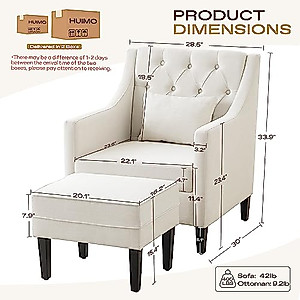 HUIMO Accent Chair with Ottoman,Upholstered Living Room Chairs and Ottoman Set,Reading Chair for Bedroom,Tufted Armchair with Solid Wood,Mid Century Sofa Chair,Comfy Club Chair (Beige Set)
