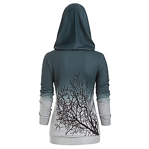 CapsA Women Womens Cowl Neck Tunic Sweatshirt Button Pullover Hoodies Plus Size Halloween Tree Print Convertible Collar Sweatshirt Green