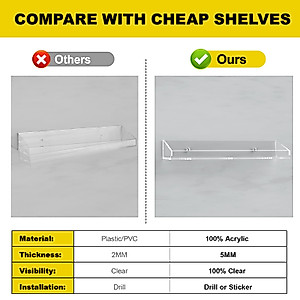 KSacry 6 Pack Acrylic Shelves for Wall Storage, 15" Floating Bookshelves for Kids, Display Shelf Organizer for Bathroom, Bedroom, Living Room, Kitchen, Room Decor, Clear