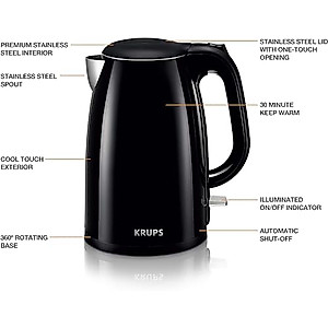 Krups, Electric Kettle, Cool Touch Stainless Steel Interior 1.5 Liter 1500 Watts Fast Boiling, one cup in 80 seconds, Double Wall, Fast Boiling, Auto Off, Keep Warm, Cordless Black