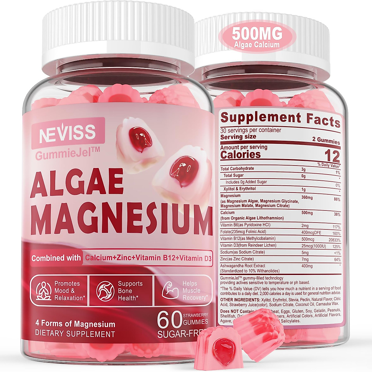 Sugar Free Calcium Magnesium Zinc Gummies, Algae Calcium Magnesium Supplement Plus D3 | 4 Forms of Magnesium - Glycinate, Citrate, Malate, Algae - Support Bone Health, Muscle Function & Nerve, 60 Ct
