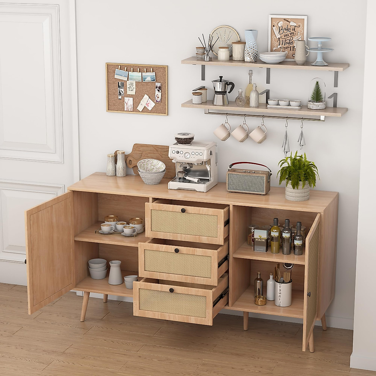 Rattan Sideboard Buffets Cabinet Farmhouse Boho Buffet Sideboard with 3 Drawers and 2 Doors Storage Cabinet Adjustable Shelves Console Table Cupboard Accent Cabinet for Living Room Kitchen