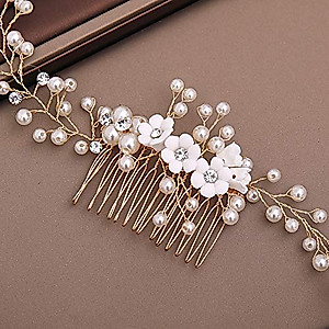 Kercisbeauty Pearl Hair Vine for Women Bridal Gold Hair Combs Rose Headband Prom Special Occasion Jewelry