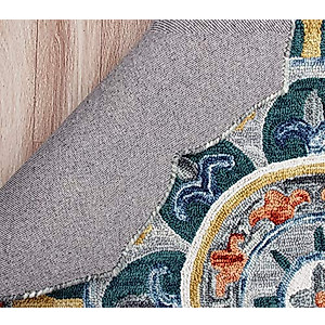 LR Home 4ft Round Indoor Natural Wool Area Rug for Home Decor | Carpet for Bedroom, Living Room, entryway, playroom | Hand Tufted Modern Farmhouse Boho Area Rug for Room Decor | Multi/Teal/Yellow