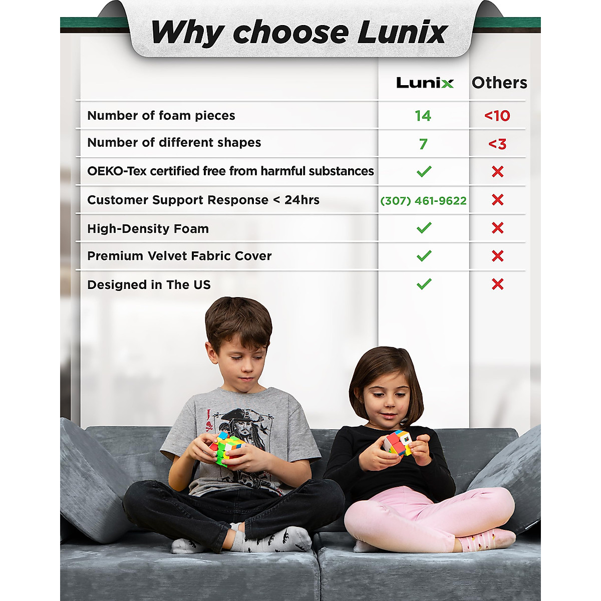 Lunix LX15 14pcs Modular Kids Play Couch, Child Sectional Sofa, Fortplay Bedroom and Playroom Furniture for Toddlers, Convertible Foam and Floor Cushion for Boys and Girls, Gray