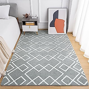 Toneed Geometric Rug for Living Room Bedroom, 5 x 7 Feet Gray Shag Moroccan Area Rug Soft Low Pile Rug Modern Indoor Carpet for Dorm Nursery Kids Room Home Decor