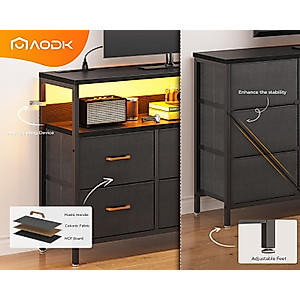 AODK Dresser with LED Lights and Charging Station, 52-Inch Long Dresser for Bedoom with 7 Large Storage Drawers, Fabric Dresser TV Stand with Open Shelves, Dark Grey