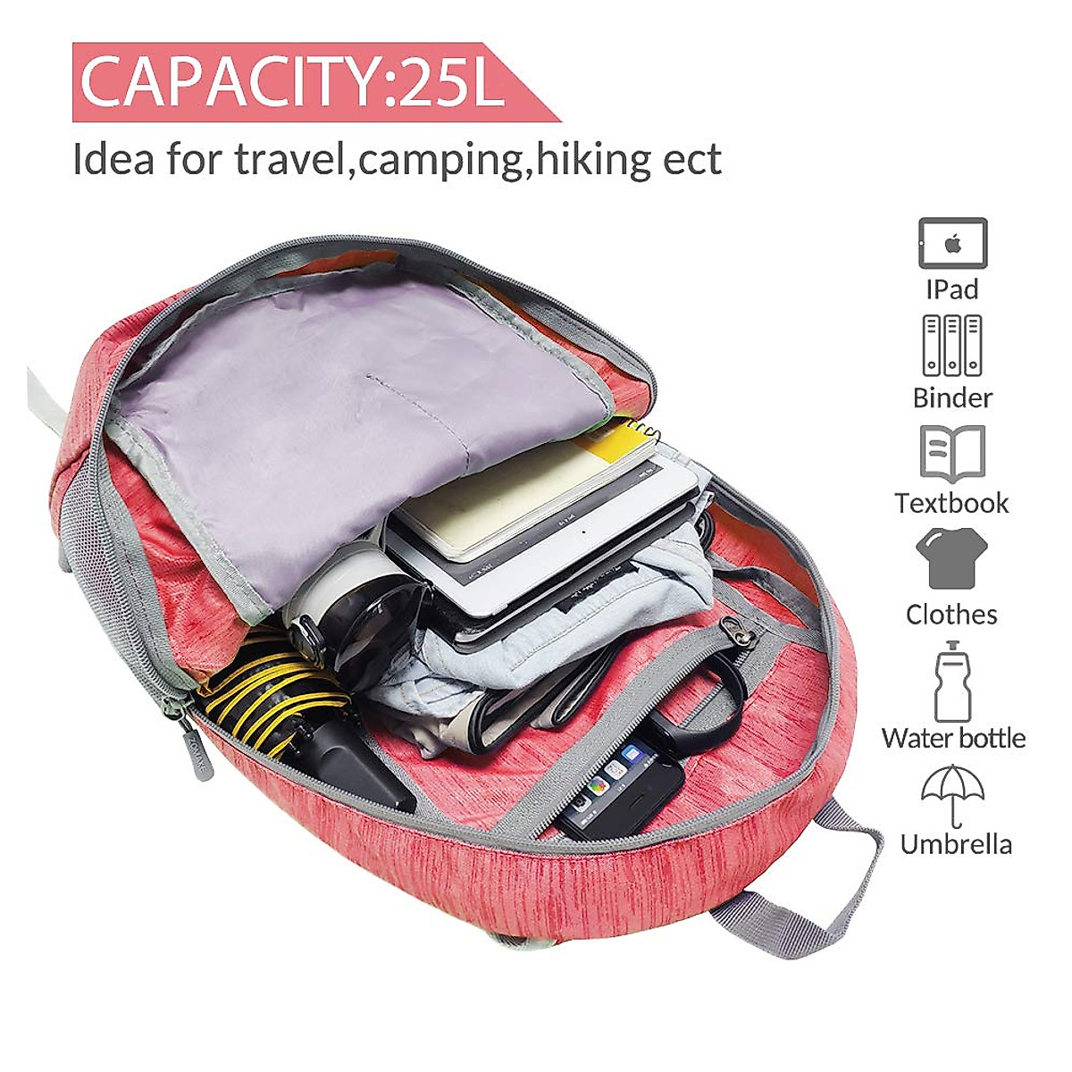 ZOMAKE 25L Ultra Lightweight Packable Backpack - Foldable Hiking Backpacks Water Resistant Small Folding Daypack for Travel(Red)