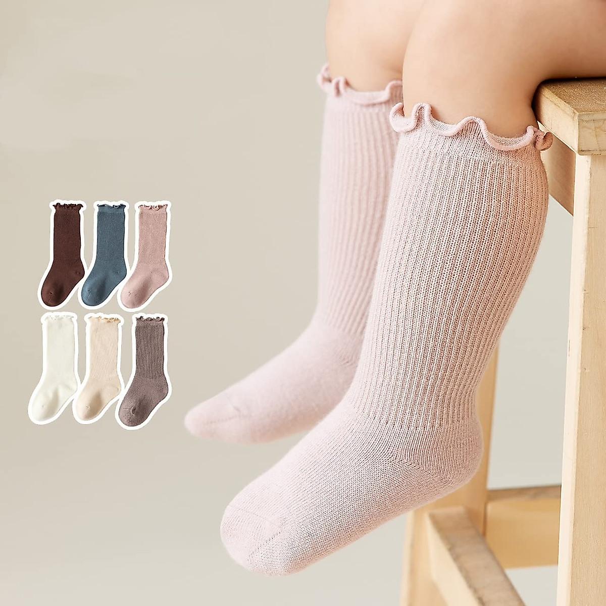 FYLuoke Baby Knee High Stockings Socks Girls Newborn Infants Long Socks Boys Toddlers Ruffled Socks(Knee-High 6 Pairs,1-3T)