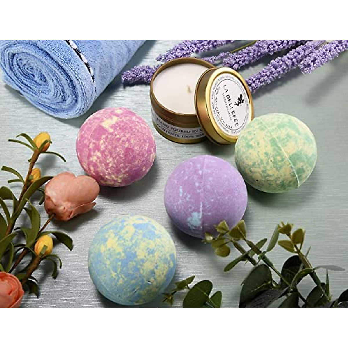 LA BELLEFÉE Bath Bombs & Scented Candles Set, Large Jar Aromatherapy Candles for Home Scented(4 Bathbombs + 3 Candles)