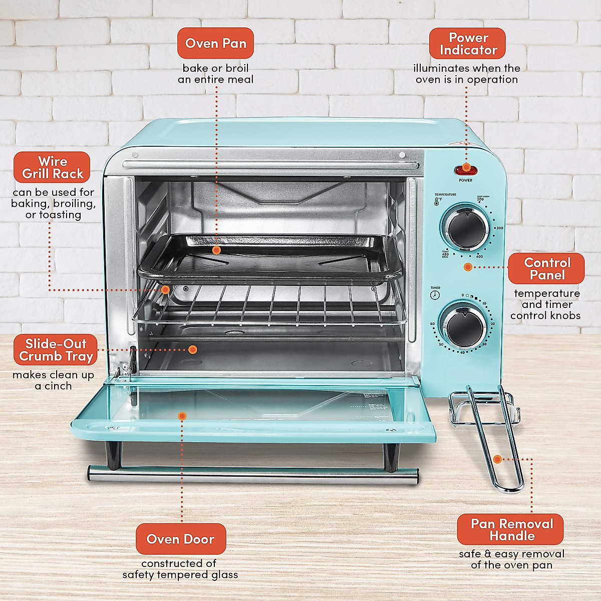 Elite Gourmet Americana ETO1200BL Vintage Diner 50’s Retro Countertop Toaster Oven, 1300W, Bake, Broil, Toast, with Temperature Control & Adjustable 60-Minute Timer, Fits 9” Pizza, 4 Slice,