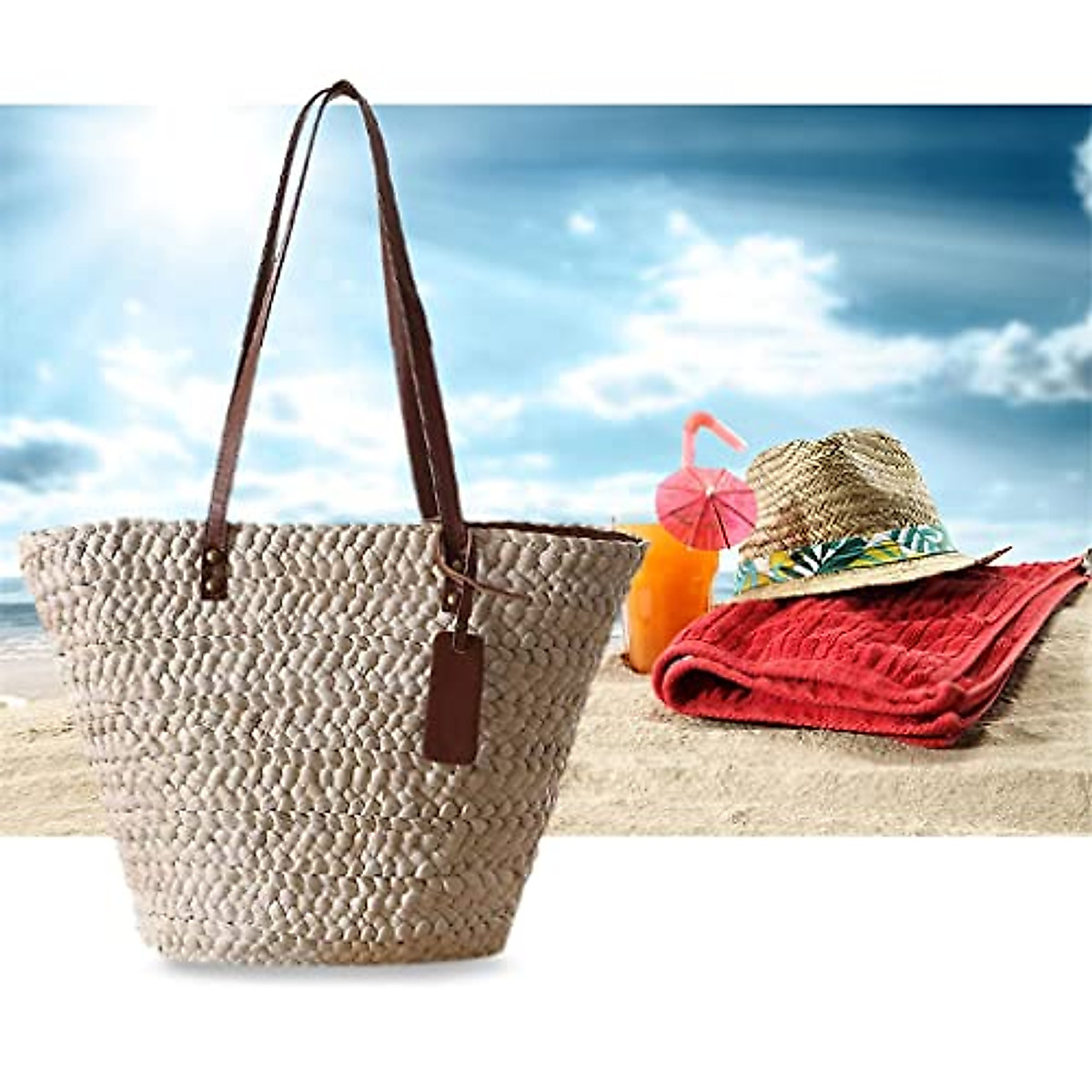 n/a Summer Straw Bags Women Handmade Woven Basket Shoulder Bags Beach Travel Large Capacity Tote Bags (Color : Photo Color, Size : One Size)