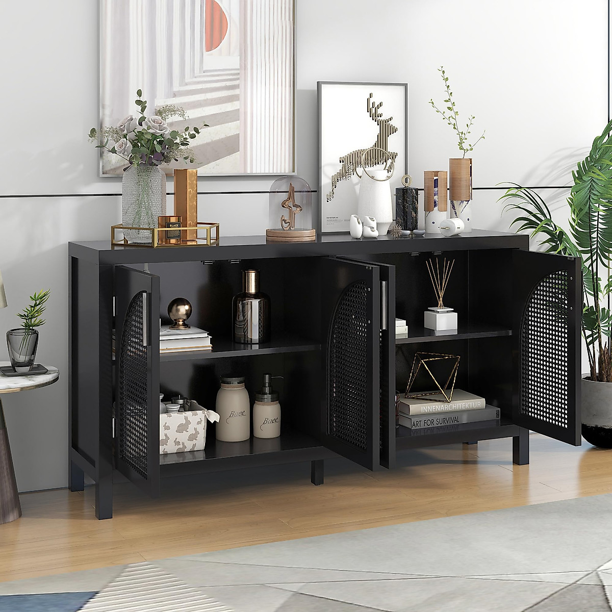 Bellemave Accent Storage Cabinet Buffet Cabinet Freestanding Storage Sideboard with Artificial Rattan Doors & Metal Handles, Entryway Cabinet for Living Room Office Bedroom, Kitchen (Black)