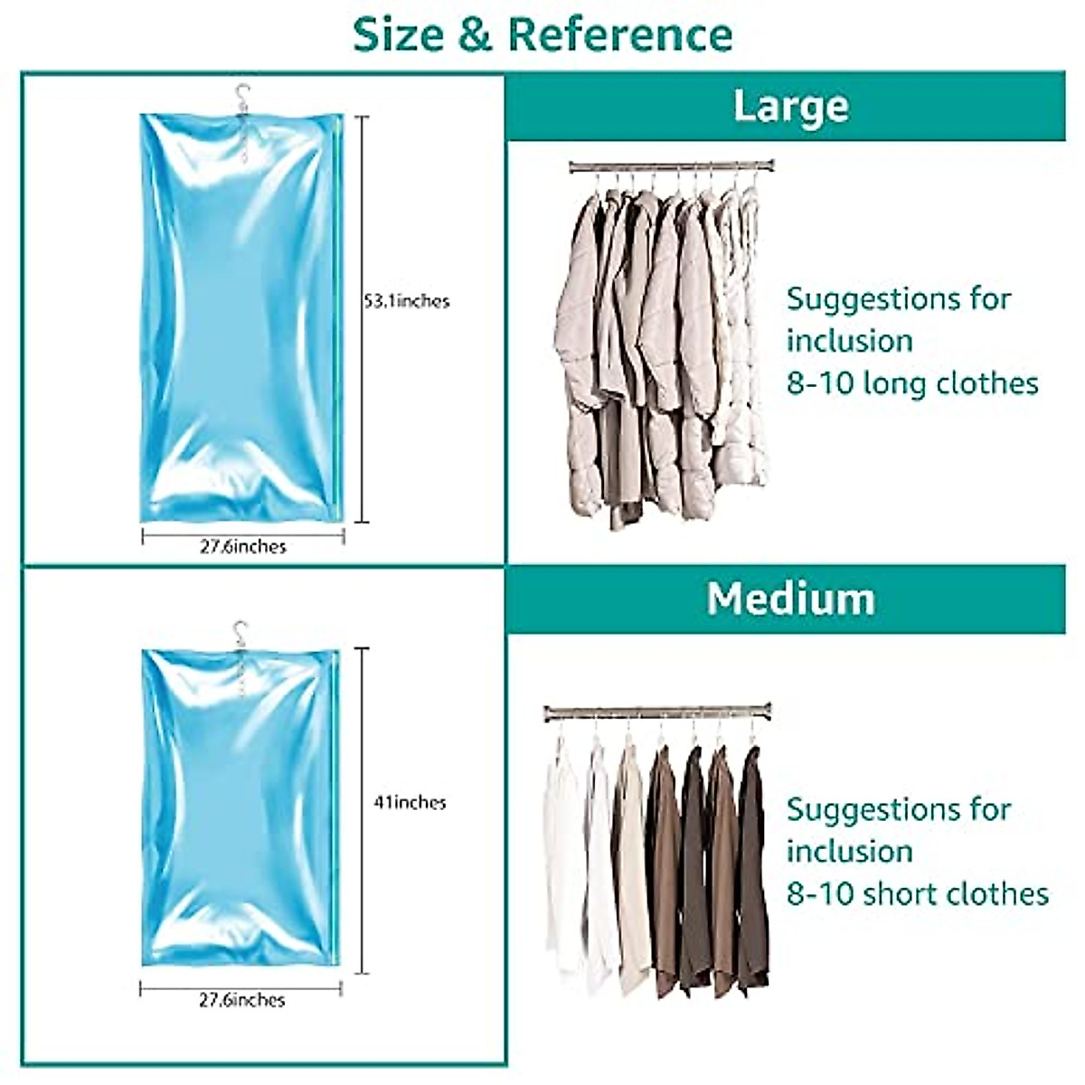 LEVERLOC Hanging Vacuum Storage Bags, Set of 4 Space Saver Bags for Clothes, Vacuum Sealed Garment Bags for Suits, Coats, Jackets, 80% Space Saving, 2 Long 2 Short