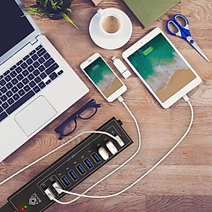 BrovSS: 10 Port Powered USB 3.0 Hub Aluminum with 4 IQ Ports - USB 3 Splitter with 12V 3A 36W Power Adapter. Connect up to 10 Electronics and USB peripherals (Black)