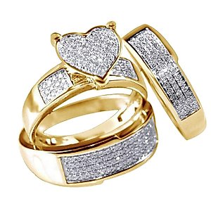 3pcs Women Simulated Diamond Ring Set Engagement Ring Heart Shaped Zircon Promise Rings Wedding Band (Gold, 7) Stainless Steel/White/Purple