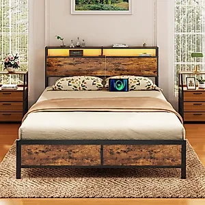 Anwick Industrial Full Bed Frame with LED Light Headboard, Metal Platform Bed with USB Charging Station, Under Bed Storage, No Box Spring Needed (Black, Full)