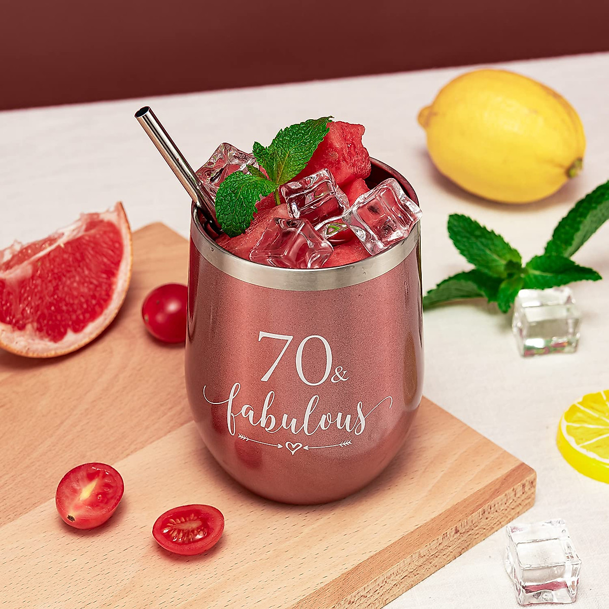 Crisky Rose Gold 70 & Fabulous Wine Tumbler for Women 70th Birthday Gifts for Women, Wife, Mom, Sister, Aunt, Friends, Coworker Her, Vacuum Insulated Coffee Cup,12oz with Box, Lid, Straw