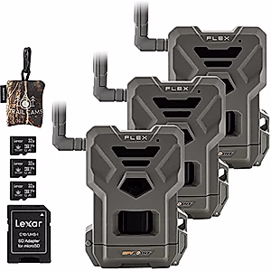 SPYPOINT Flex Dual-Sim Cellular Trail Camera 33MP Photos 1080p Videos with Sound and On-Demand Photo/Video Requests - GPS Enabled Classic Bundle with 32GB Lexar SD Card (3 PK)