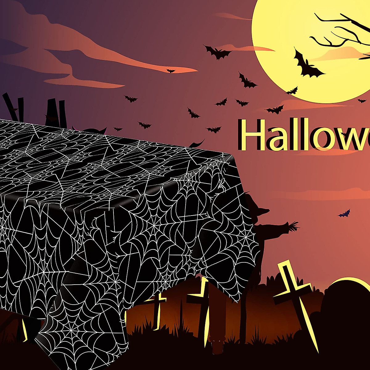 Hamonical 54x107 Inch Halloween Tablecloth, Black Rectangular Spider Web Table Cover, Spillproof Washable PVC Table Topper, Perfect for Halloween Decoration, Dinner Parties