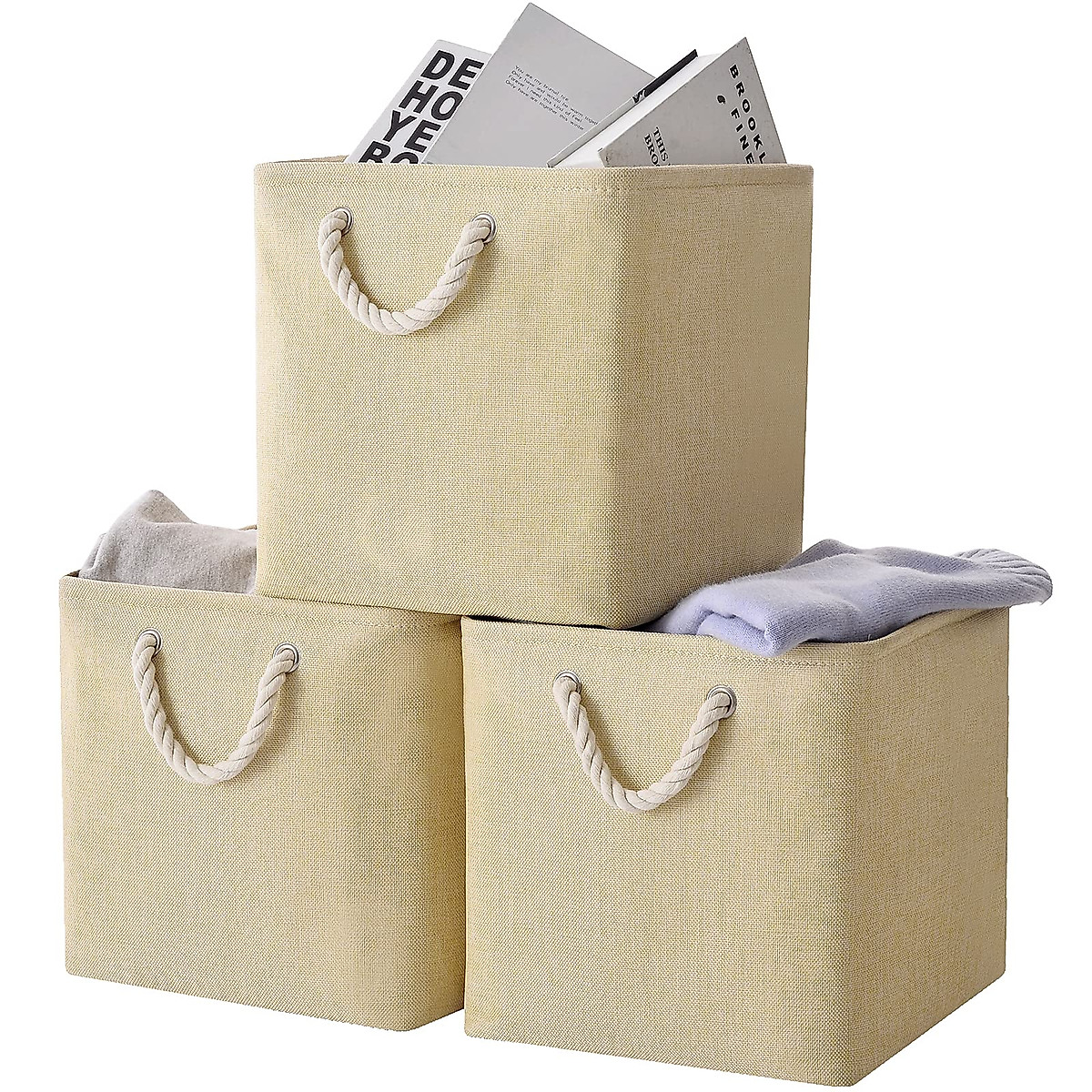 FAGlSAK Large Foldable Storage Bin 13" X 13" Storage Baske Organizer Basket Shelf Cube with Sturdy Cotton Carry Handles for Baby Nursery Closet Shelves Organization (Beige, Set of 3)