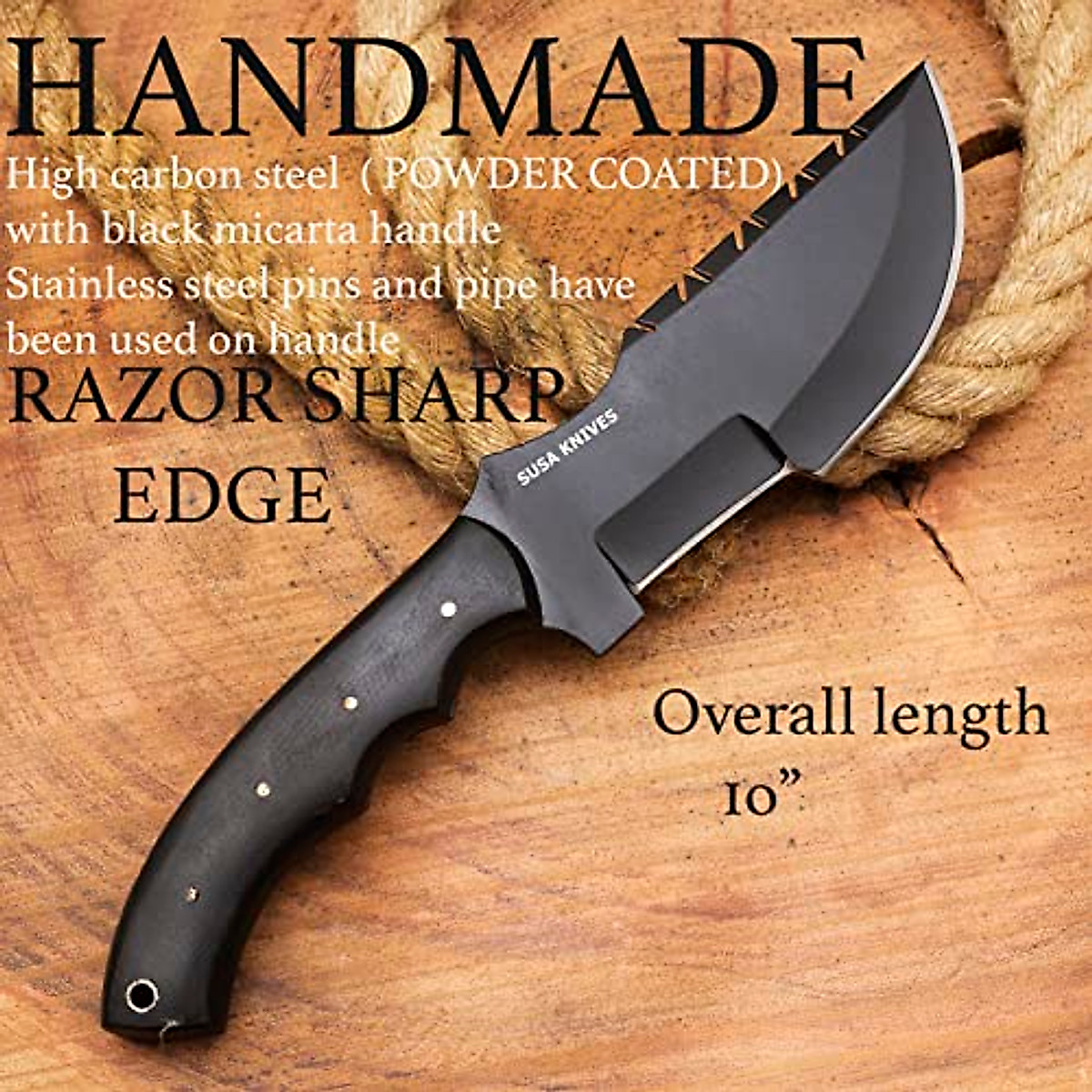 SUSA KNIVES Handmade D2 Steel Tracker Knife - Survival Knife - Camping Knife - Tactical Knife - Hunting Knife with Sheath Horizontal Carry Fixed Blade Knife (BLACK TRACKER)