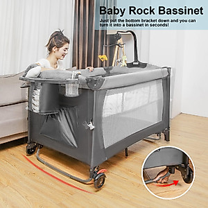 Afgbf Baby Bassinet Bedside Crib with Diaper Changer, 5 in 1 Pack and Play, Playpen Travel Bed with Storage, Baby Playard with 4 Adjustable Height, Carry Bag, Easy to Install, Grey