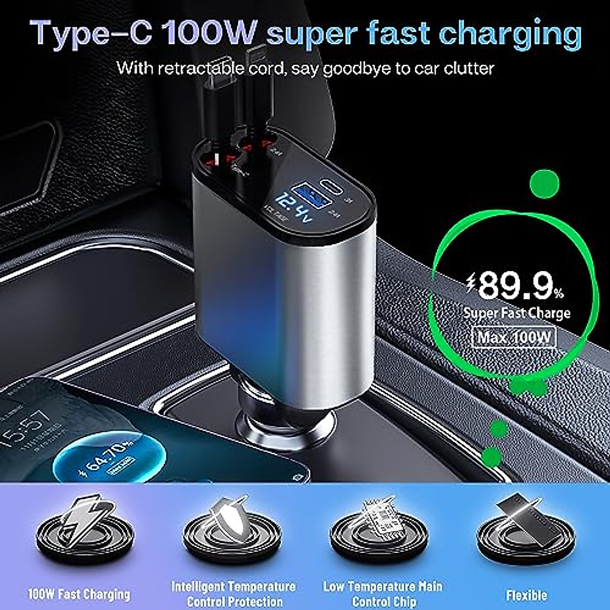 Retractable Car Charger with 100W, 4 in 1 Car Fast Charger for iPhone and Type C, Retractable Cables (31.5 inch) and 2 Charging Ports, Compatible with iPhone 15/14/13/12 Pro Max XR,iPad,Samsung,Pixel