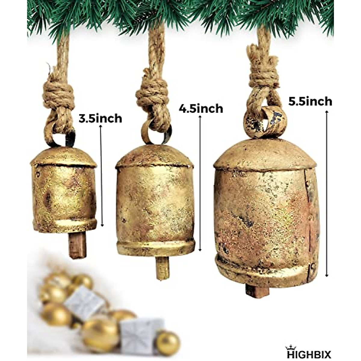 HIGHBIX Set of 3 Harmony Cow Bells Vintage Handmade Rustic Lucky Christmas Hanging Bells On Rope