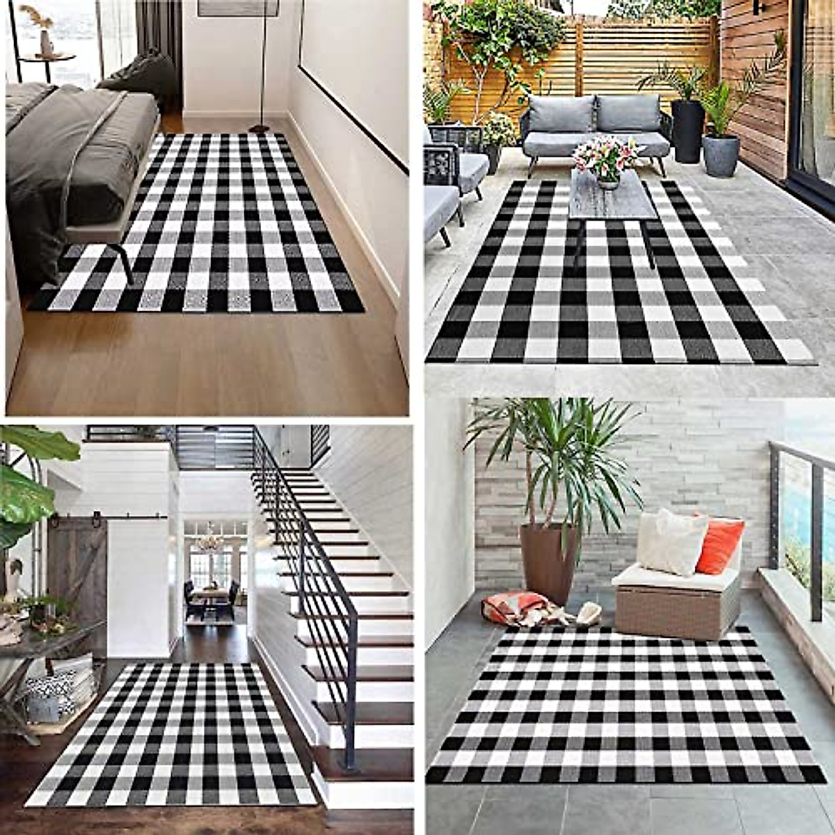 HOYIJA Buffalo Plaid Outdoor Rug 5 'x 7' Black and White Checkered Rug,Cotton Hand-Woven Indoor or Outdoor Check Large Area Rugs, Washable Rugs for Living Rooms/Dining Room/Bedroom/Farmhouse (5＇×7＇)