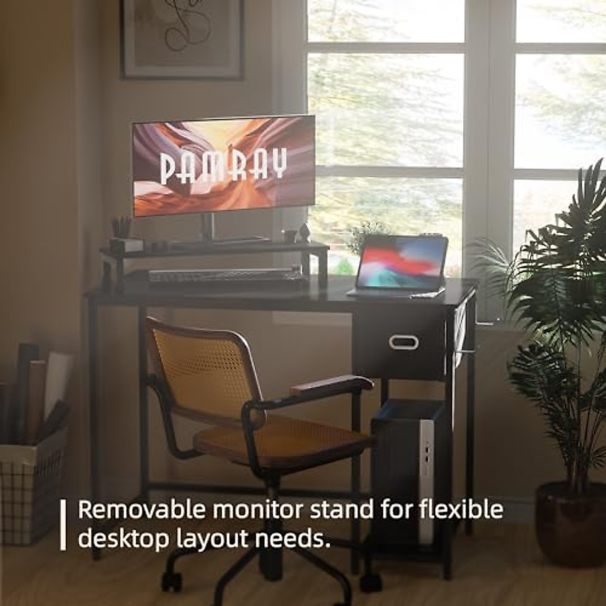 Pamray 32 Inch Computer Desk with Monitor Stand Small Home Office Desks with Non-Woven Storage Drawer for Bedroom Study Table Writing and Work Desk