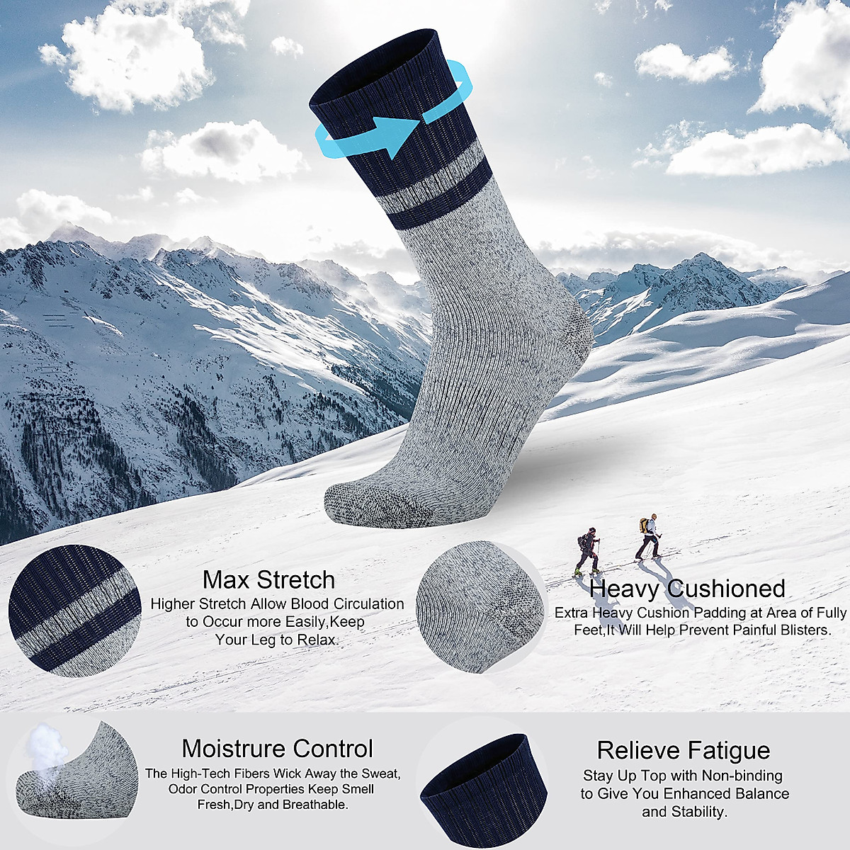 Ortis Merino Wool Cushion Crew Socks for Men Outdoor Hiking Hike Moisture Wicking Heavyweight Thick Warm Steel Toe Work Boots(Navy Blue L)