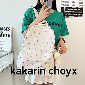 kakarin choyx Kawaii Backpack Mori Art Floral Backpack With Pendant 16.1 Inch Aesthetic Backpack Cute Backpack Classic Casual Computer Backpack (White)