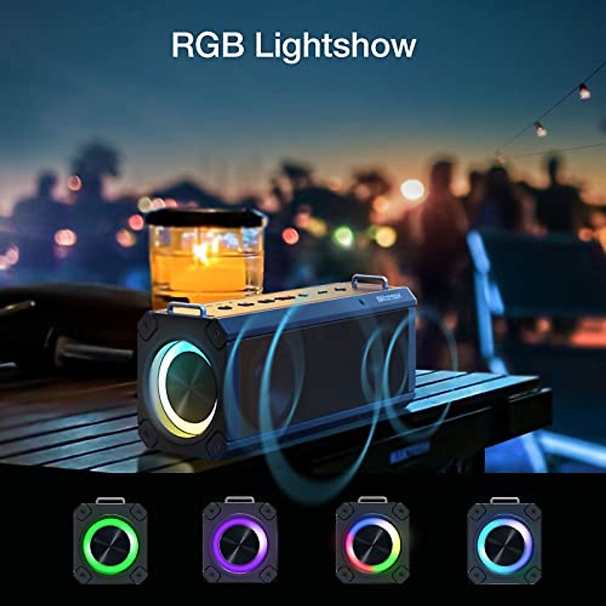 BlitzMax WA3 PRO 120W 360° Surround Stereo TWS Portable Wireless Bluetooth 5.0 Mini Speaker with Microphone,Waterproof,4 RGB Light,3 EQ Modes,Power Bank,DSP Technology,Outdoor Travel Party,AUX TF USB