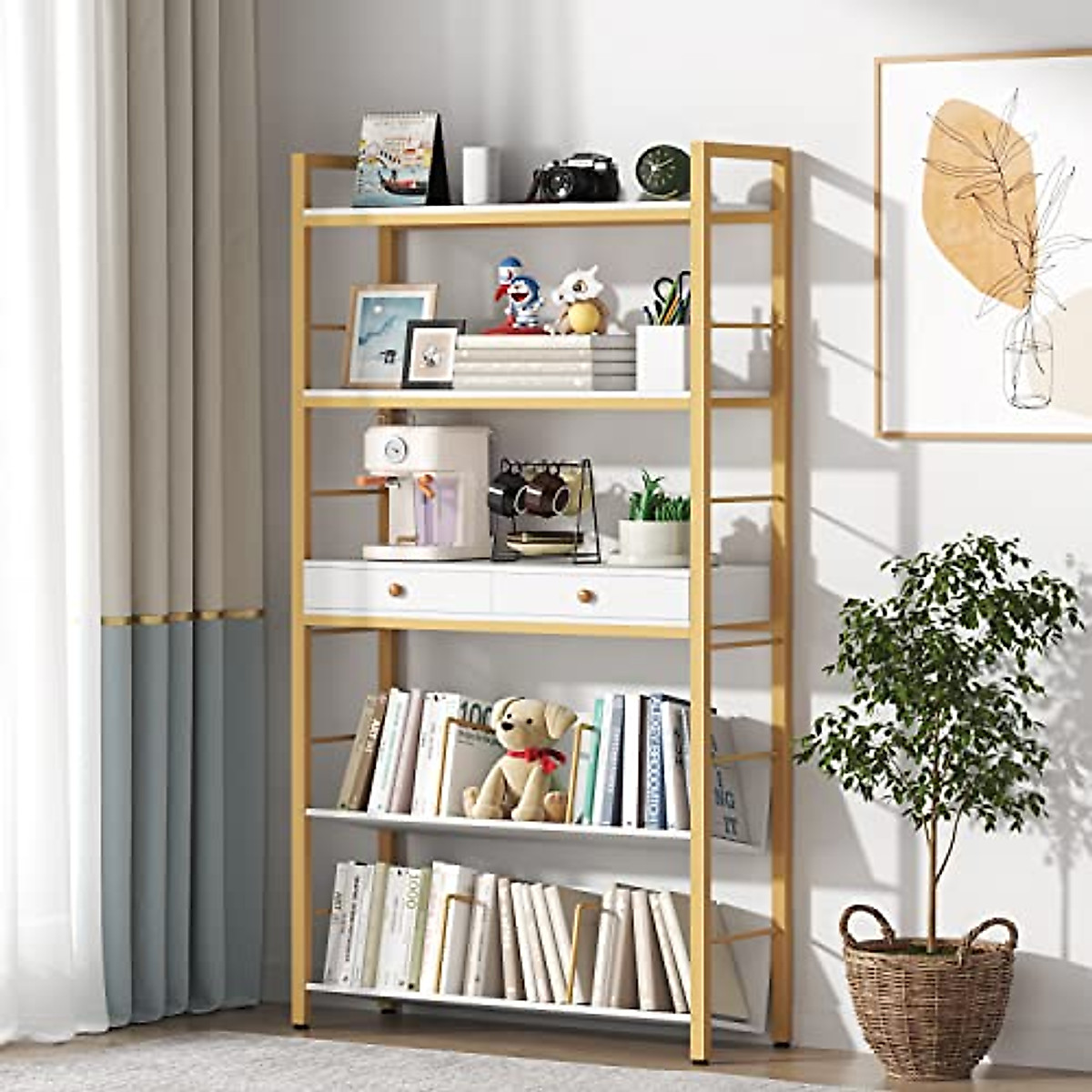 YAOHUOO Bookshelf with 2 Drawers-31.5” Widen Industrial Book Shelf with Bookend, 5 Tiers Tall Storage Shelves, Steel Frame Display Rack, Suitable for Bedroom,Office,Living Room,Bathroom