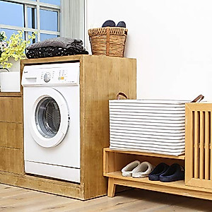 Hinwo 2-Pack Extra Large Canvas Fabric Storage Baskets with Handles, 70L Oversized Storage Bins, Collapsible Storage Box, Clothes, Toys, Blankets Organizers, 22 x 15 x 13 inches, (Grey Stripe)