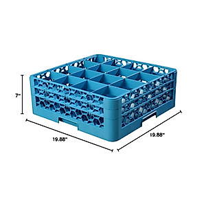 CFS RG16-214 OptiClean 16 Compartment Glass Rack with 2 Extenders, 4-7/16" Compartments, Blue (Pack of 3)