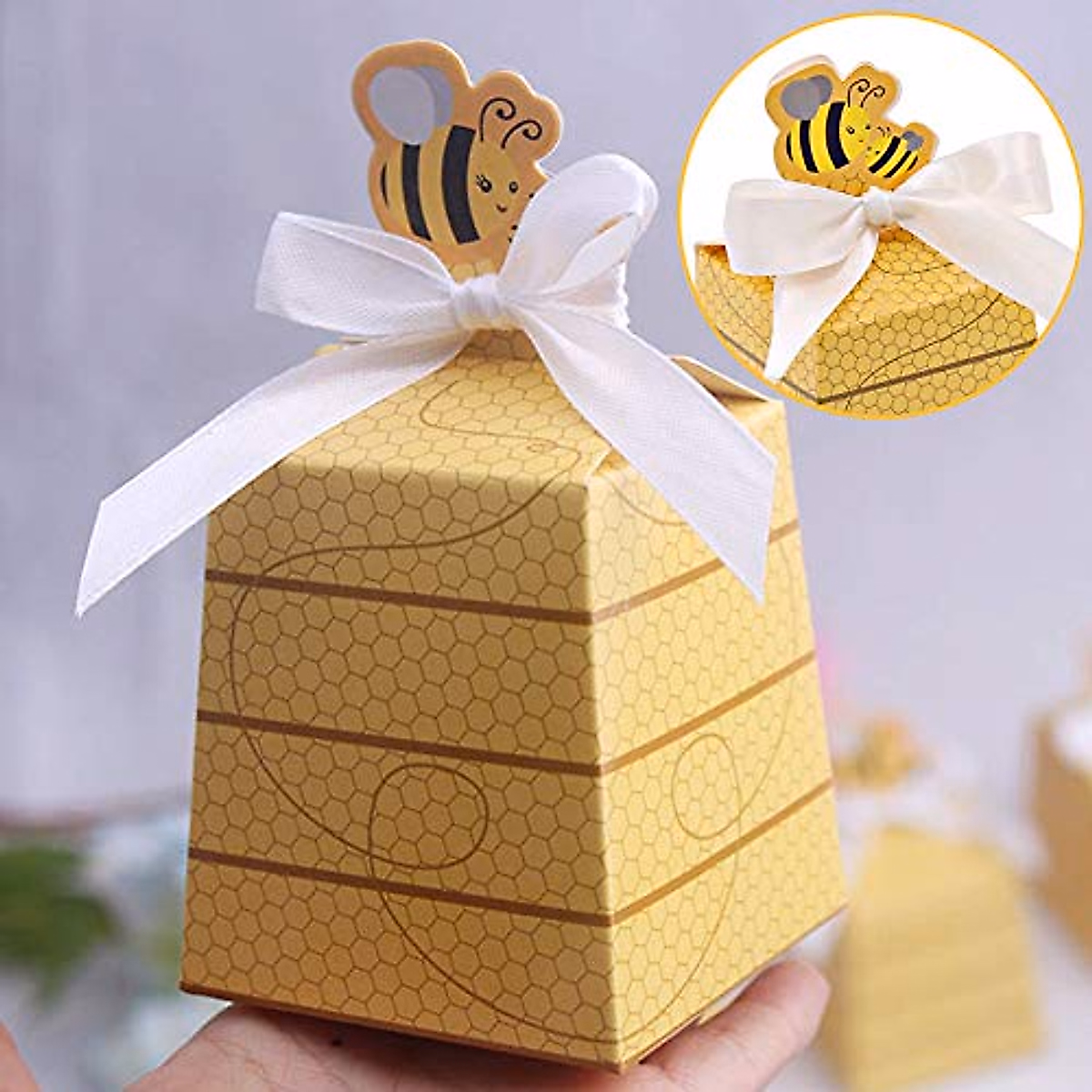 MeiMeiDa 30 Pack Bumble Bee Candy Boxes Treat Boxes Paper Beehive Gift Box with Ribbon for Bee Party Decoration Bee Birthday Baby Shower Favors Supplies