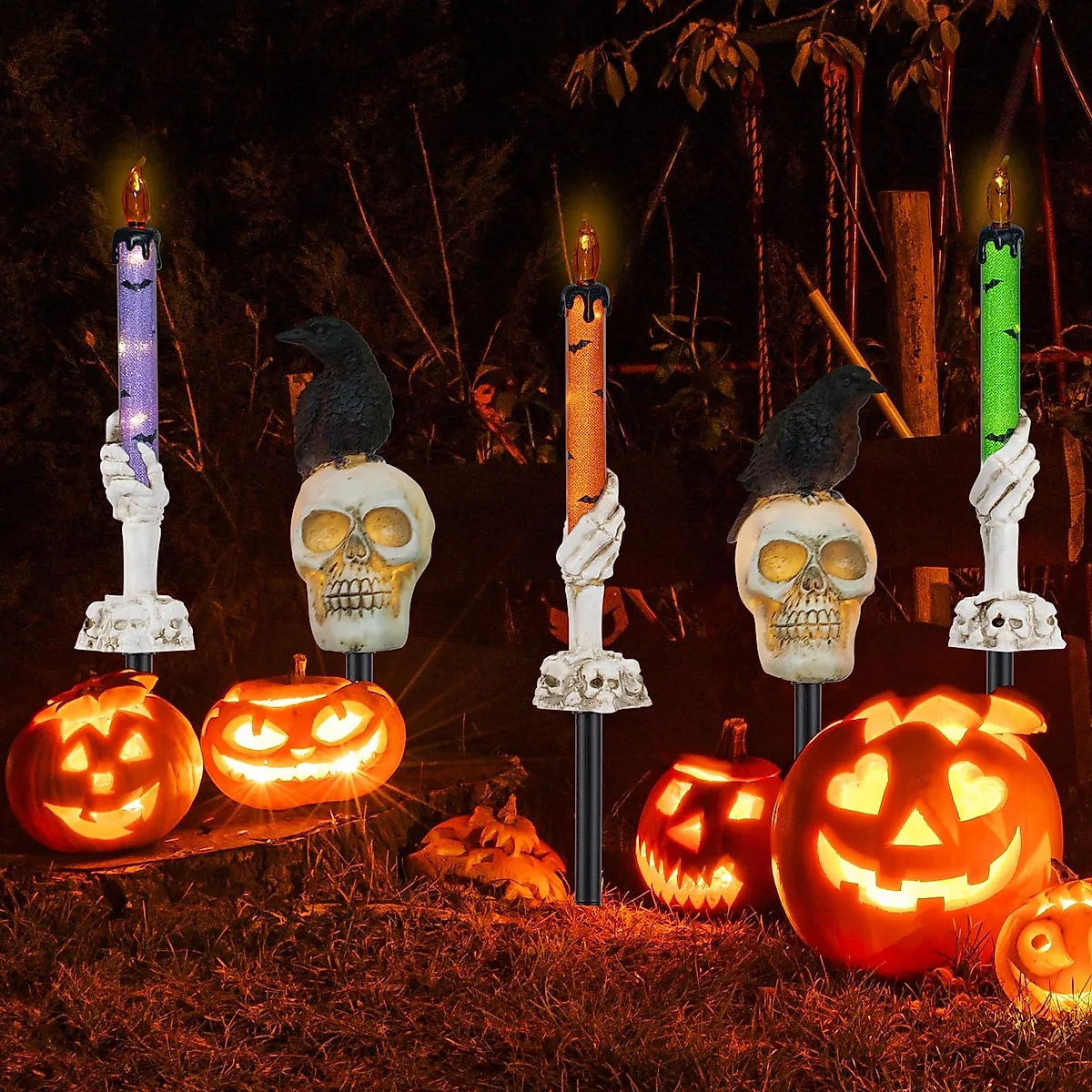 Halloween Outdoor Decoration Solar Lights,5 Pack Skull Candle Lights+Skull Solar Lights with Black Crow,Waterproof Solar Ghost Lights with Stakes,Stunning Halloween Decor for Lawn Yard Garden