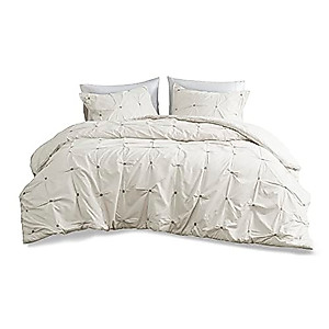 Ink+Ivy Masie Duvet Cover King/Cal King Size - White , Elastic Embroidery Tufted Ruffles Duvet Cover Set – 3 Piece – 100% Cotton Percale Light Weight Bed Comforter Covers