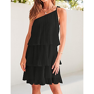 ZESICA Women's Boho Summer One Shoulder Sleeveless Ruffle Tiered Layered Chiffon Pleated A Line Flowy Mini Dress,Black,Medium