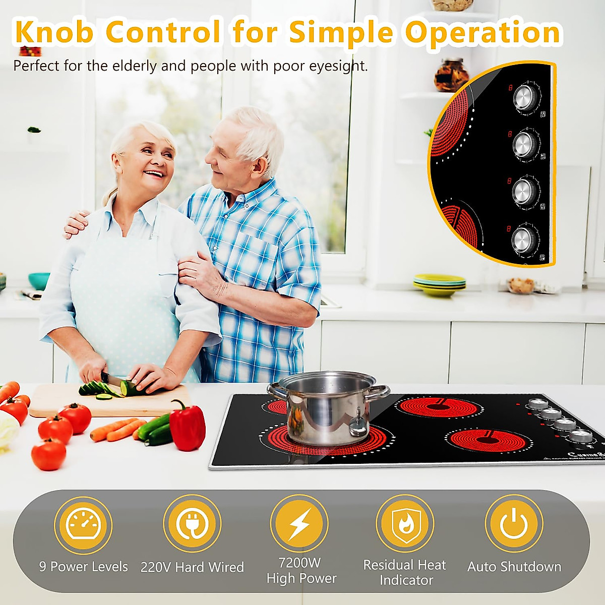 Cusinesync 30 Inch Electric Cooktop, 4 Burner Built-in Electric Stove Top with 9 Power Levels, Knob Control, Auto shutdown and Residual Heat Warning, 7200W, 220-240V for Hard Wire