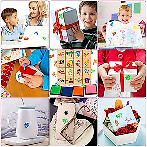 Zayvor Kids Stamps Set, Boy Wooden Rubber Stamp with Ink Pad Colored Pencil, Holiday Square Craft Stamp for Stamping Scrapbooking Crafting Booking Card Making Stocking Filler,Party Favor Gift