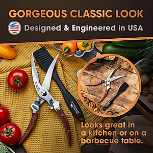 Heavy Duty Poultry Shears | Food Grade Stainless Steel Scissors for Bone, Chicken, Meat, Fish, Seafood, Vegetables | Anti-Rust Ergonomic Spring Loaded Food SHEAR | Built-In Lock |(Black Wood Handles)
