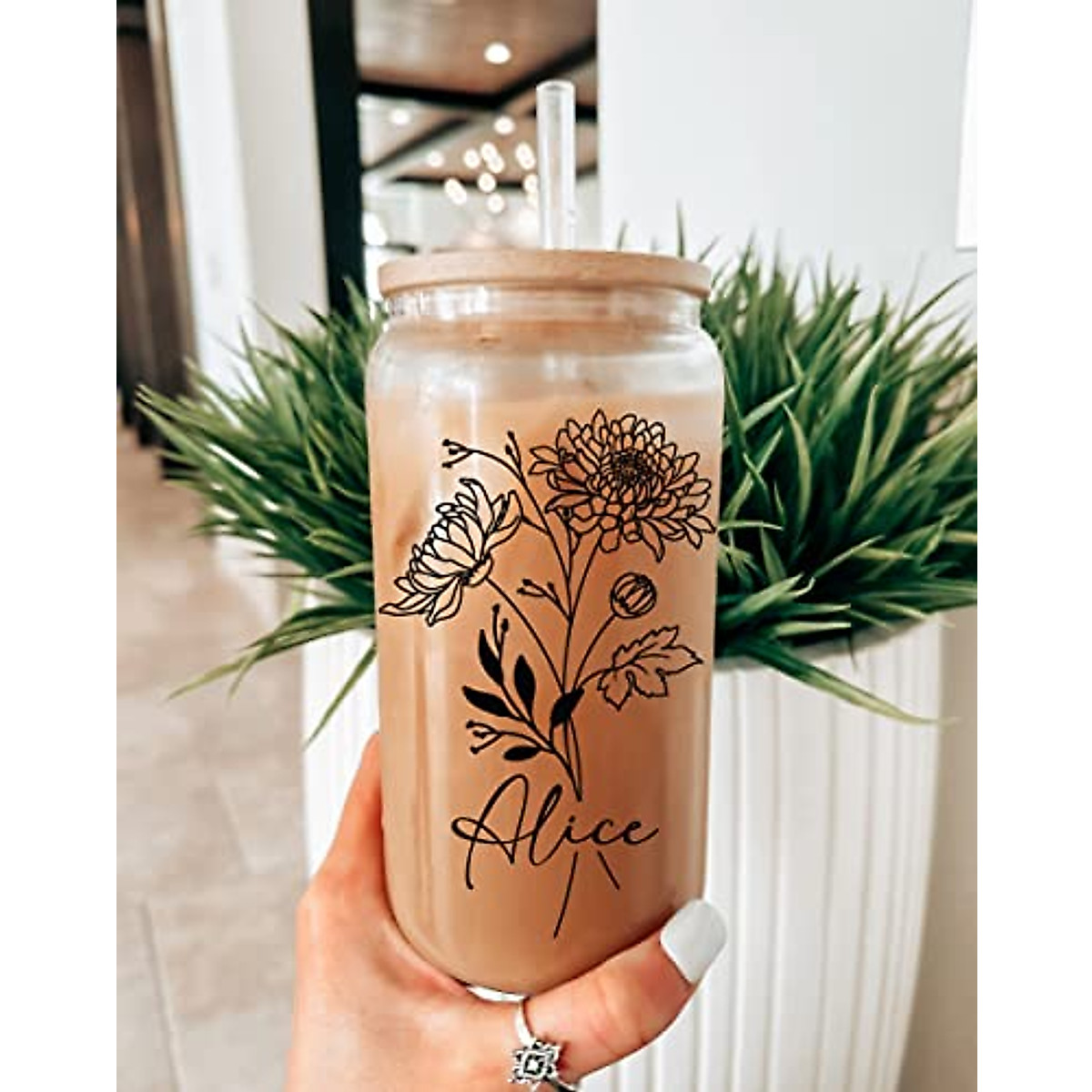 Personalized Name Glass Cup with Birth Flower, Custom Ice Coffee Bridesmaid Gift for Her, Friend, Birthday, Bachelorette Party, Customized Aesthetic Boho Floral Beer Can Tumbler Bamboo Lid Straw