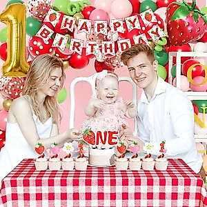 Amandir Strawberry 1st Birthday Party Decorations One Boxes, 120PCS Strawberry Balloons Garland Arch Banner Cake Topper Foil Number 1 for Berry First Sweet One Girl Birthday Baby Shower Fruit Supplies